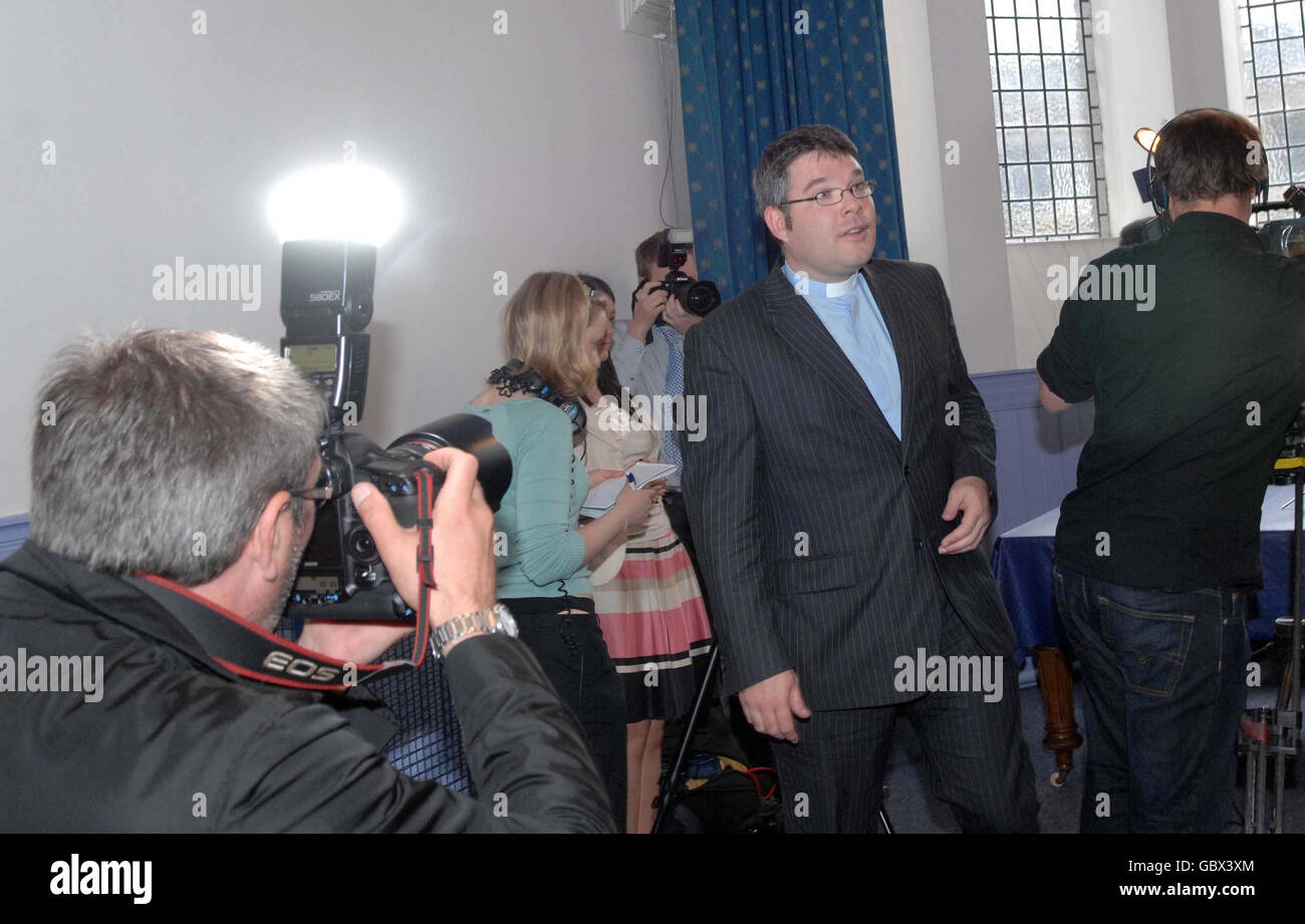 Gay minister Reverend Scott Rennie prepares to speak to the media at ...