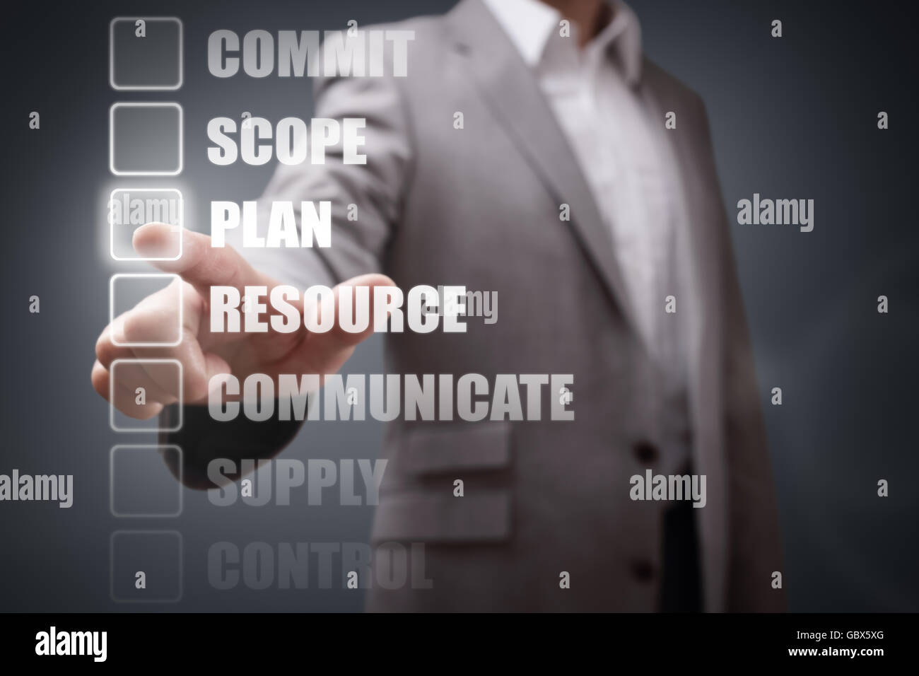 Businessman selecting project management stage options for planning and ...