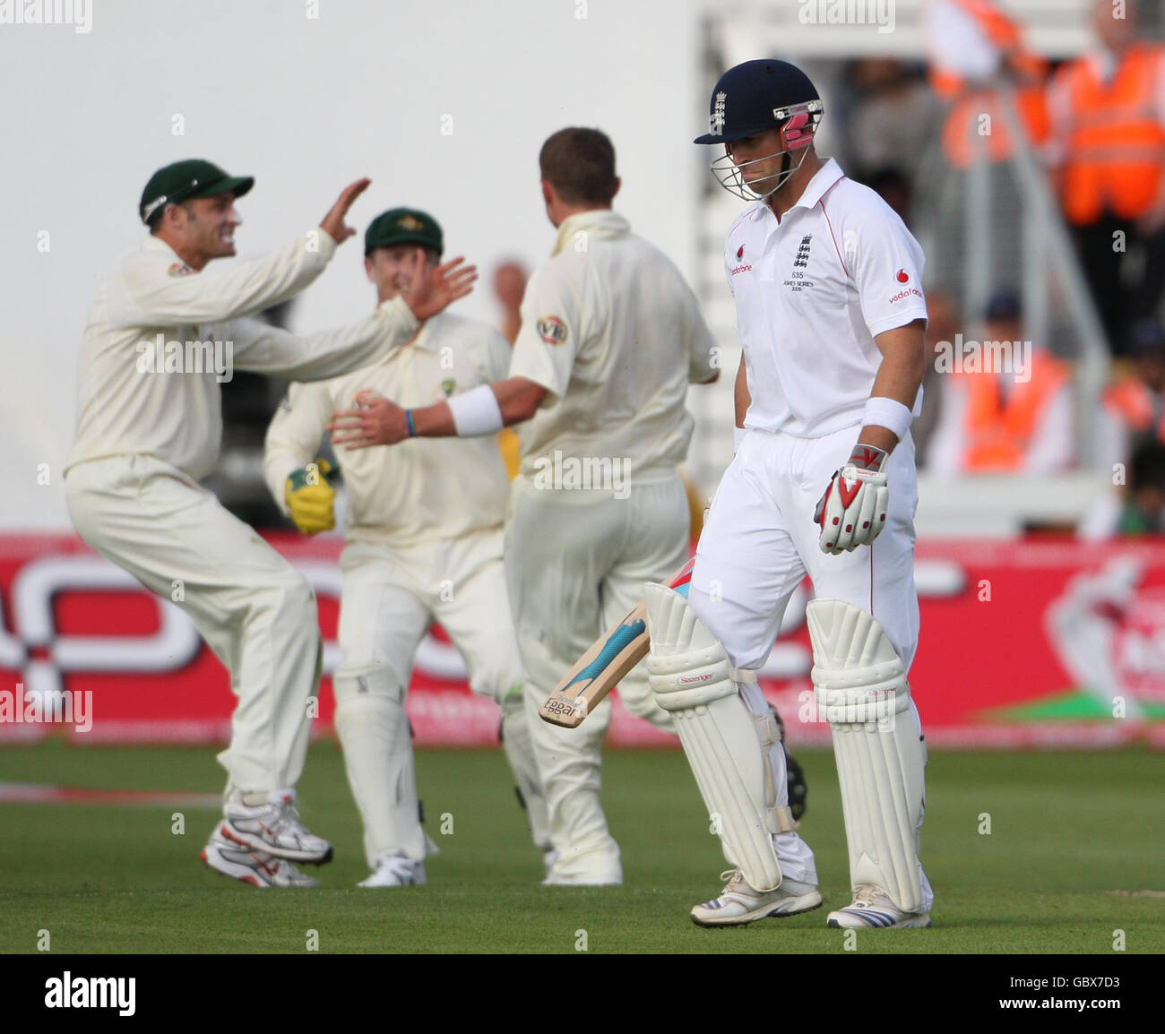 England batsman Matthew Prior shows his dejection as he is out to ...