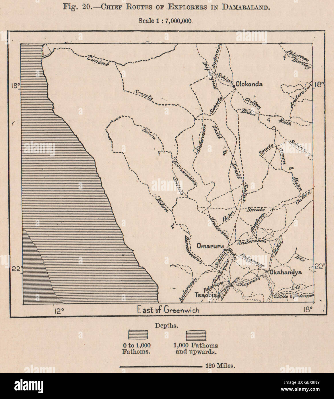 Chief routes of explorers in Damaraland. Namibia, 1885 antique map ...