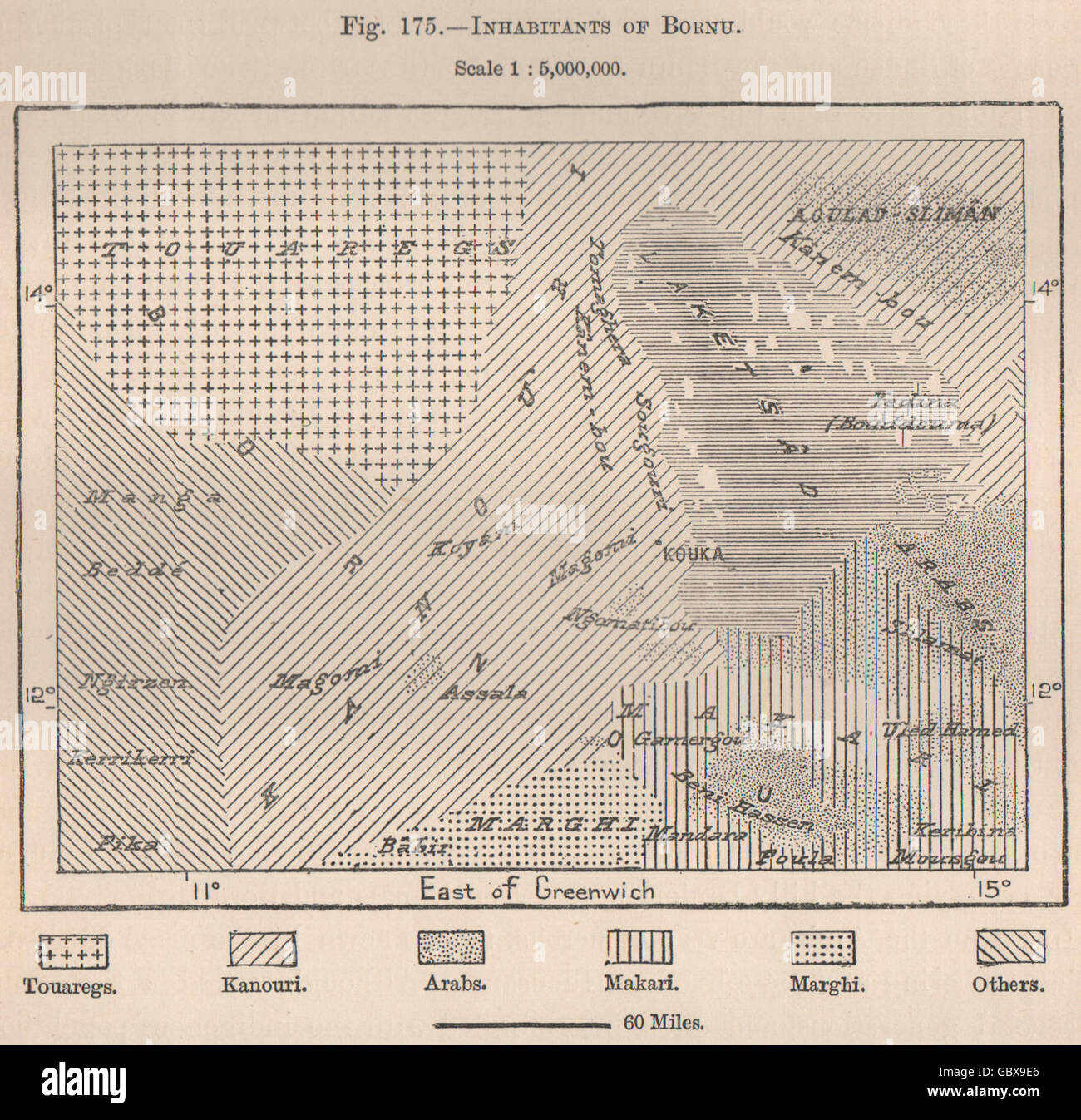 Inhabitants of Borno/Bornu. Nigeria. The Chad Basin, 1885 antique map ...