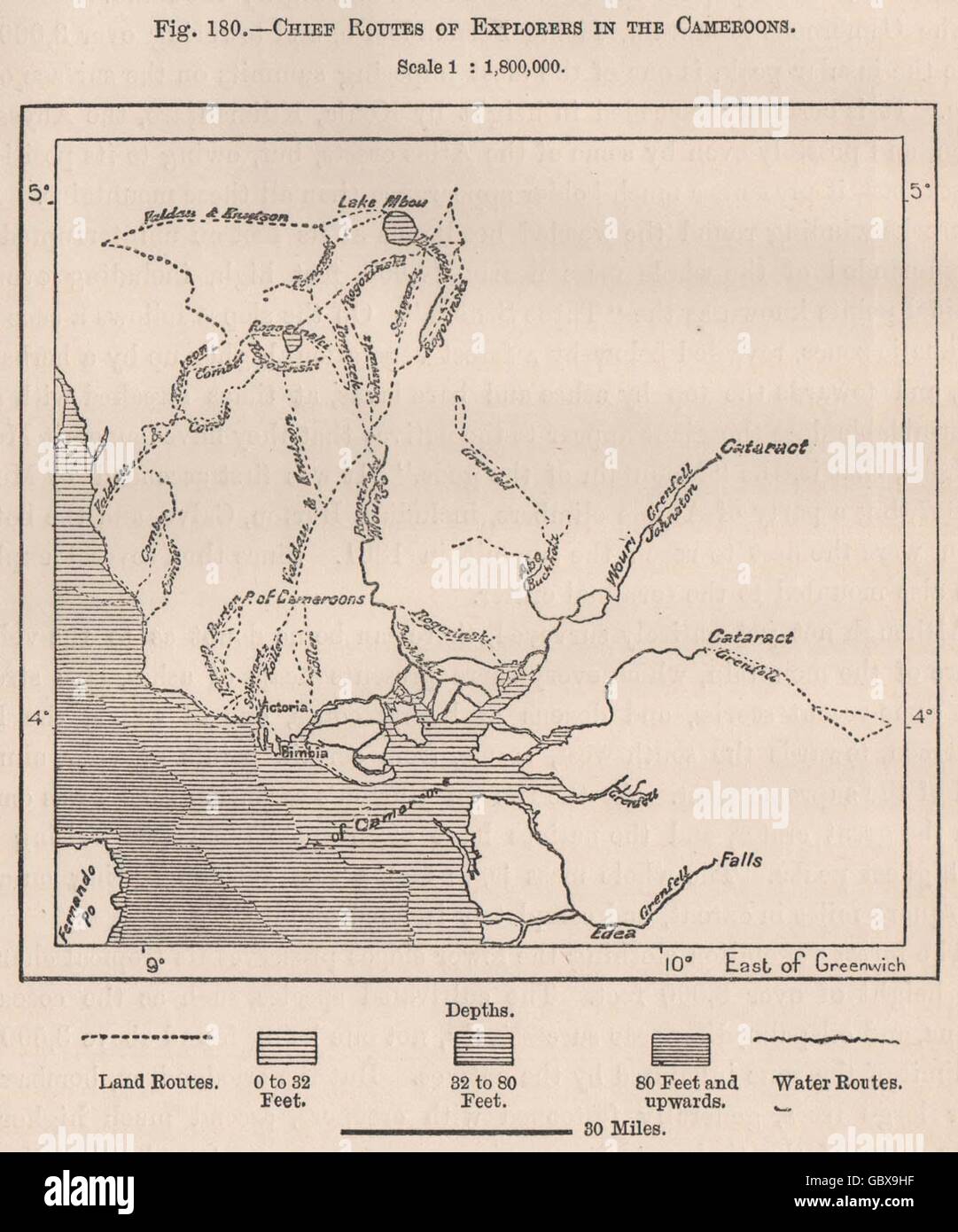 Chief routes of explorers in the Cameroon, 1885 antique map Stock Photo ...