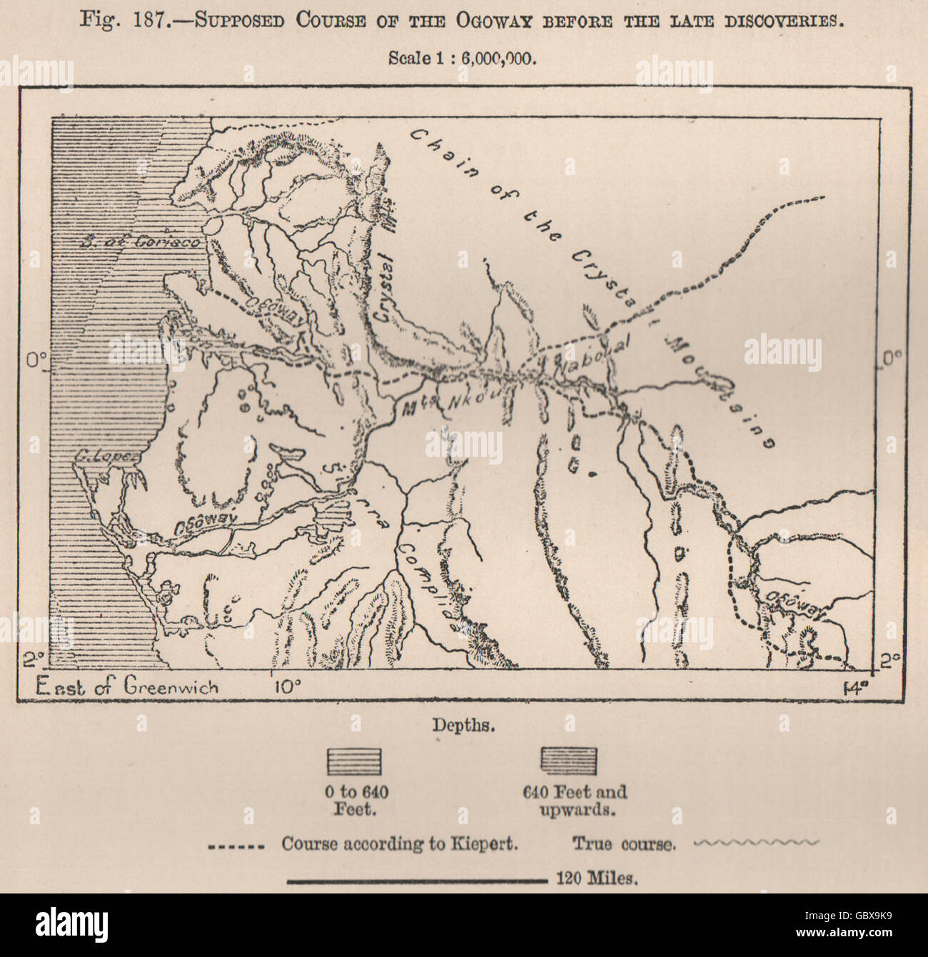 Course of the Ogooué (Ogowe) according to Kiepert. Gabon, 1885 antique ...