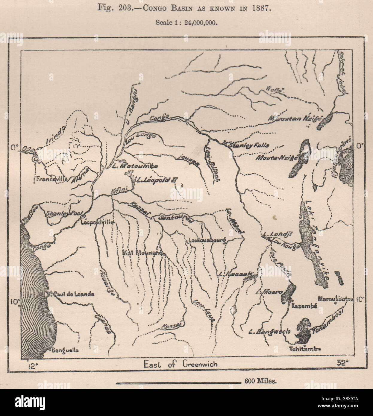 Congo Basin as known in 1887, 1885 antique map Stock Photo - Alamy