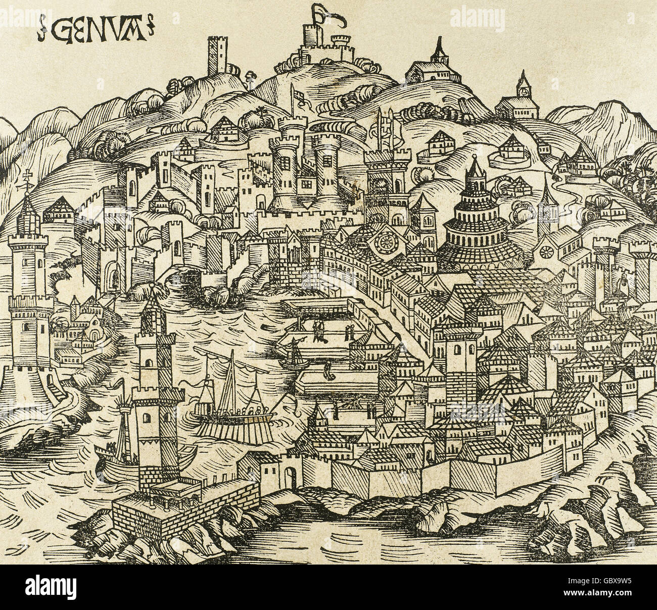 Italy. Genoa. The city in the 16th century. Engraving Stock Photo - Alamy