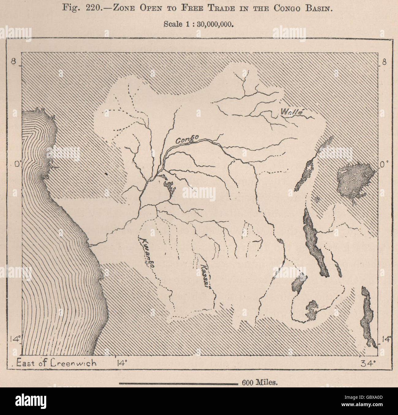 Zone open to free trade in the Congo Basin, 1885 antique map Stock ...