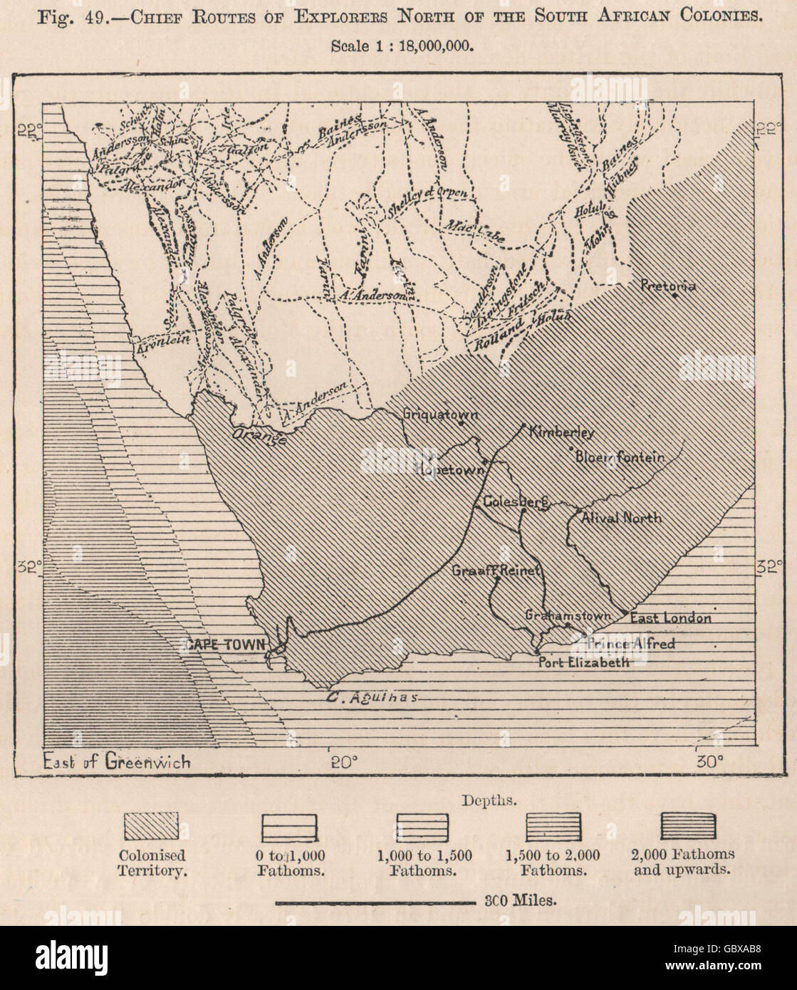 Chief routes of explorers North of the South African Colonies, 1885 old ...