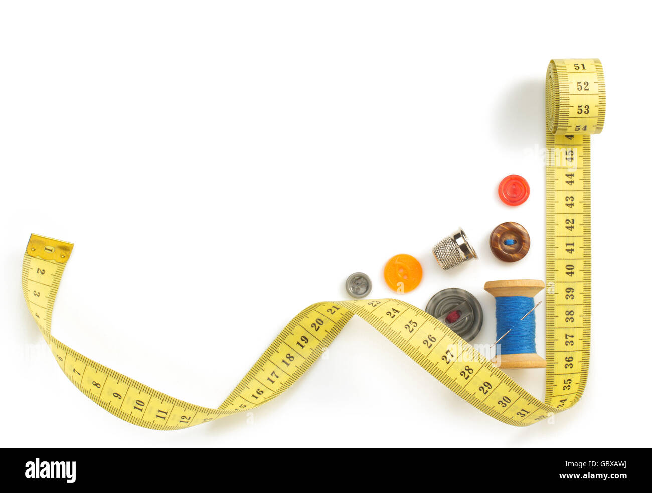 sewing tools and measuring tape isolated on white background Stock ...