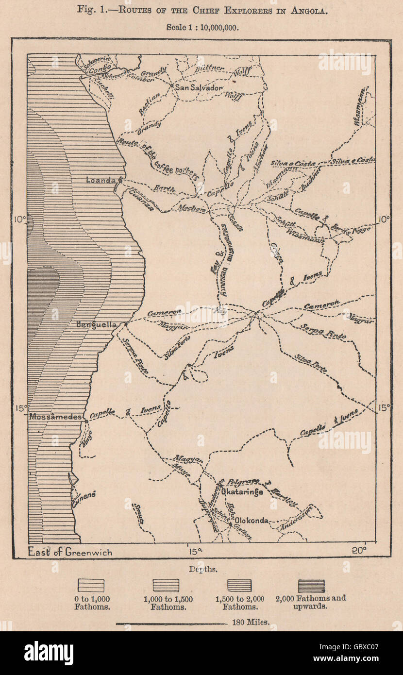 Routes of the chief explorers in Angola, 1885 antique map Stock Photo ...