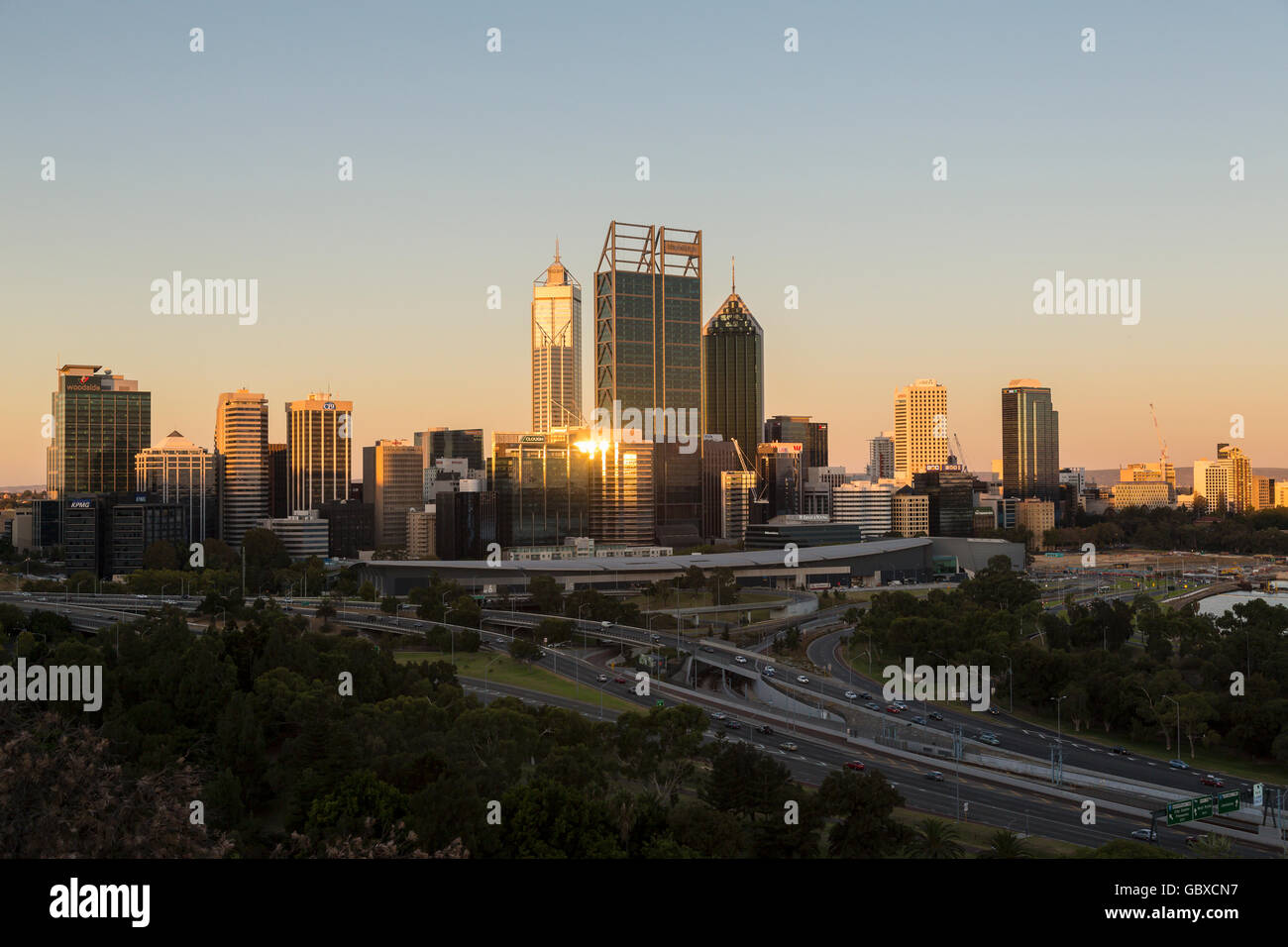 Perth skyline at sunset, Australia on a sunny day with blue sky Stock ...