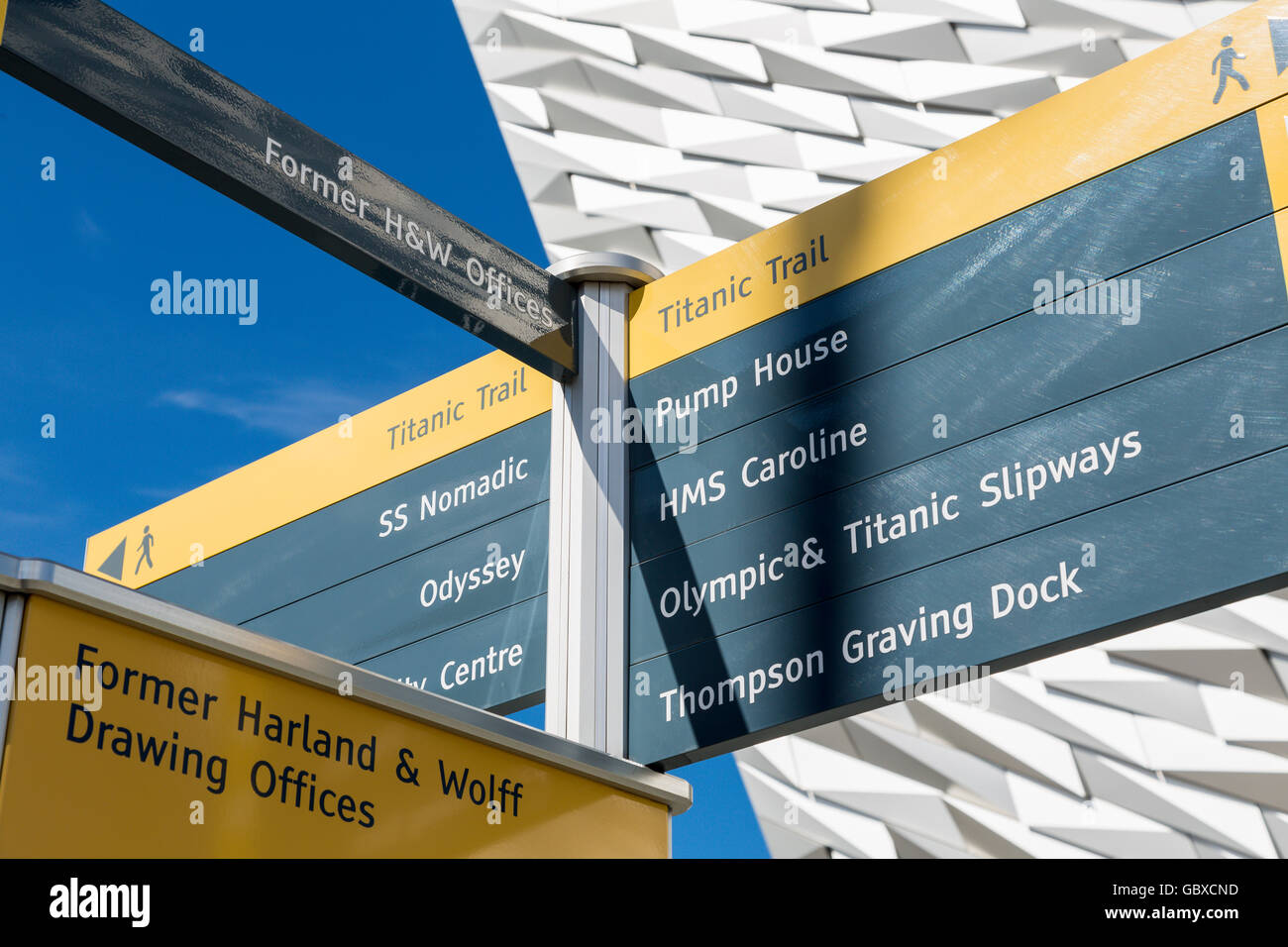Close up of tourist sign posts at Titanic Belfast visitor centre ...