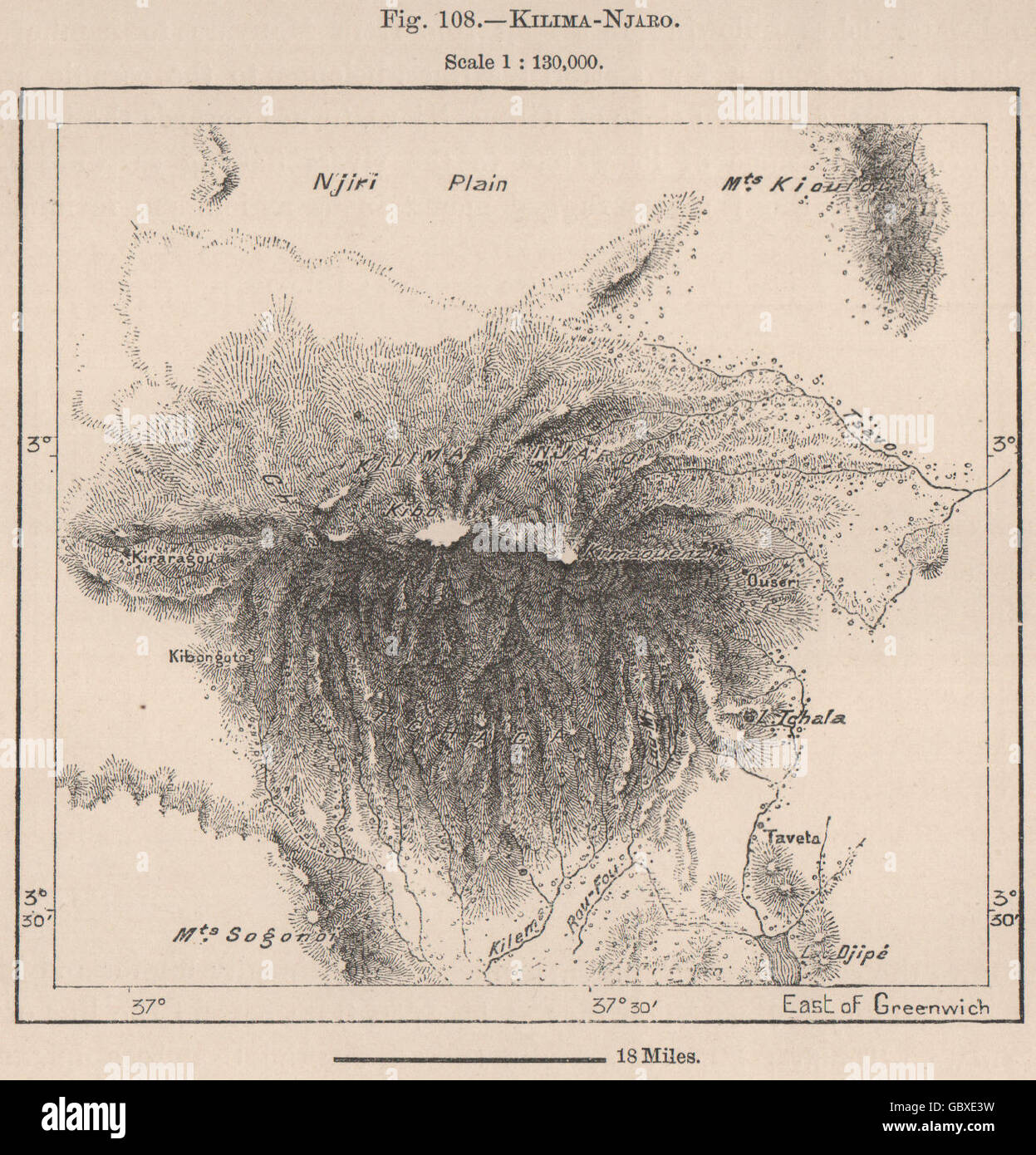 Kilimanjaro. Tanzania. Maasai Land, 1885 antique map Stock Photo - Alamy