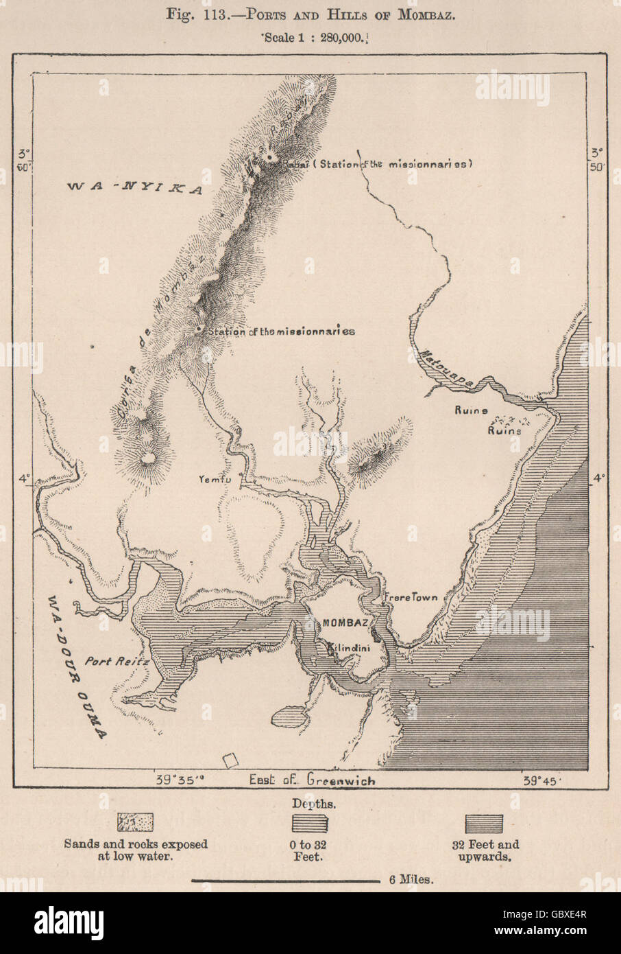 Ports and Hills of Mombasa. Kenya. Maasai Land, 1885 antique map Stock ...