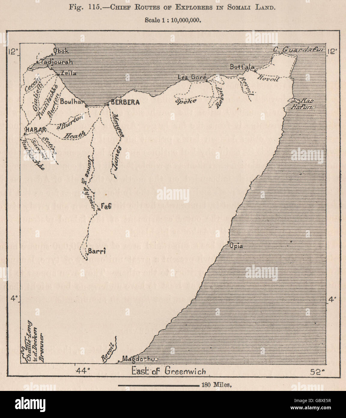 Chief routes of explorers in Somali Land. Somalia, 1885 antique map ...