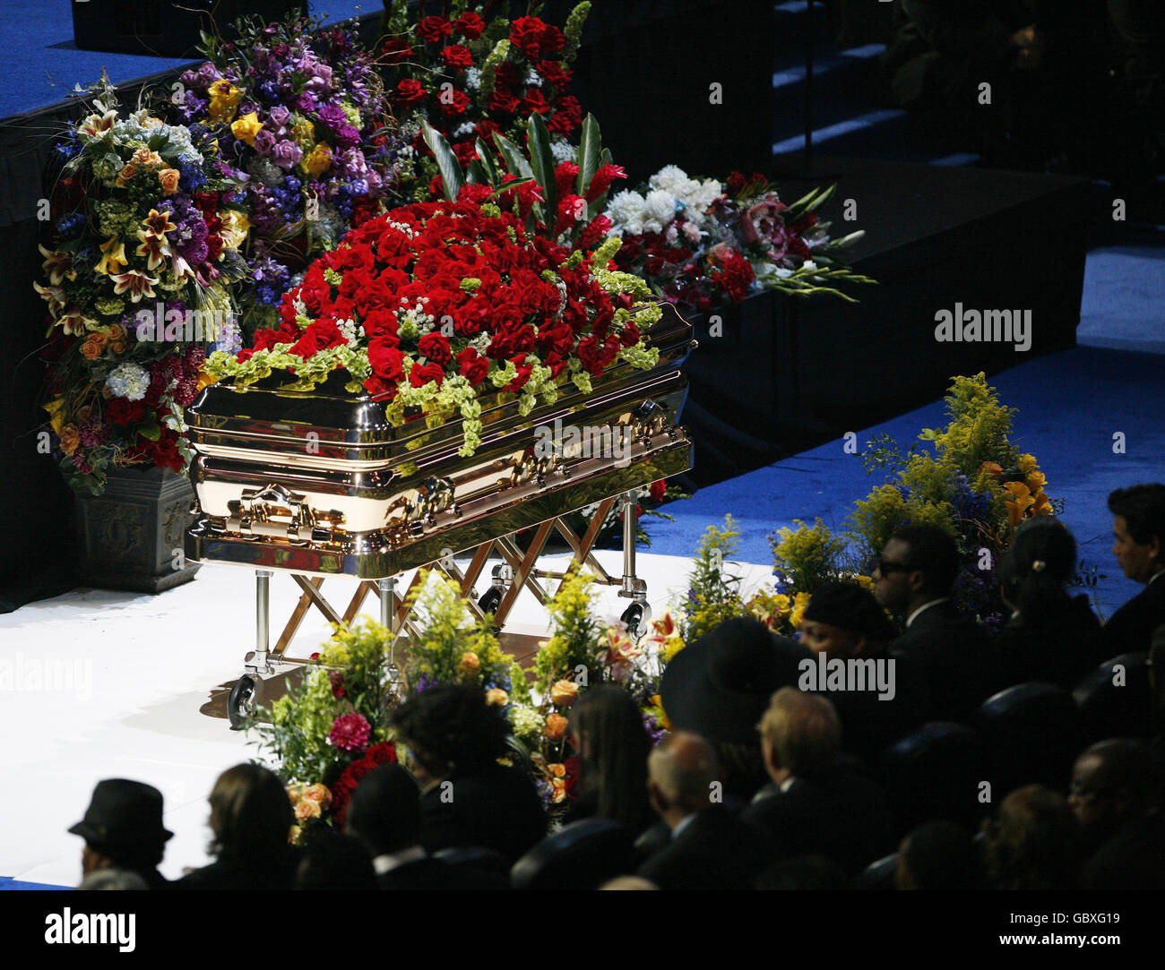 The casket stands in front of the stage during a memorial service for ...