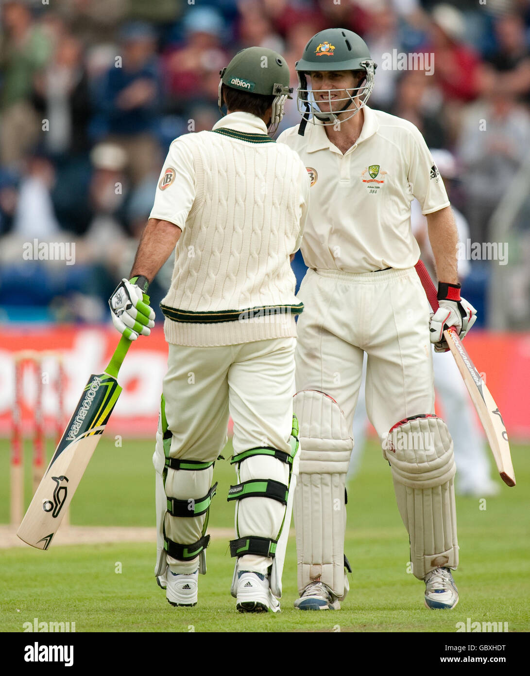Australian captain Ricky Ponting celebrates his century with Simon ...