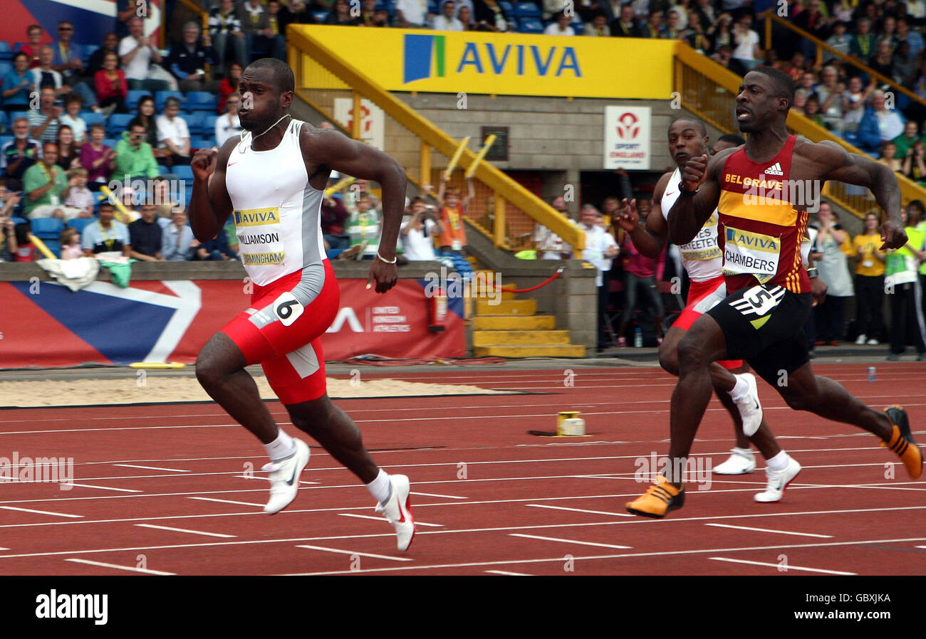 Simeon Williamson (left) wins the 100m final from Dwayne Chambers ...