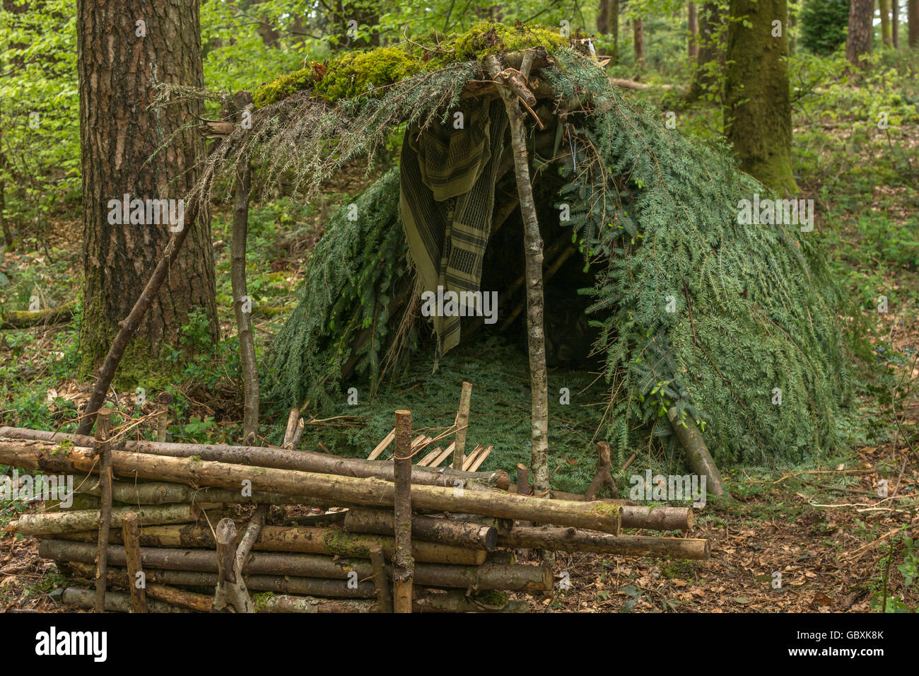 Survival shelter and survivor concept. A-frame shelter construction ...