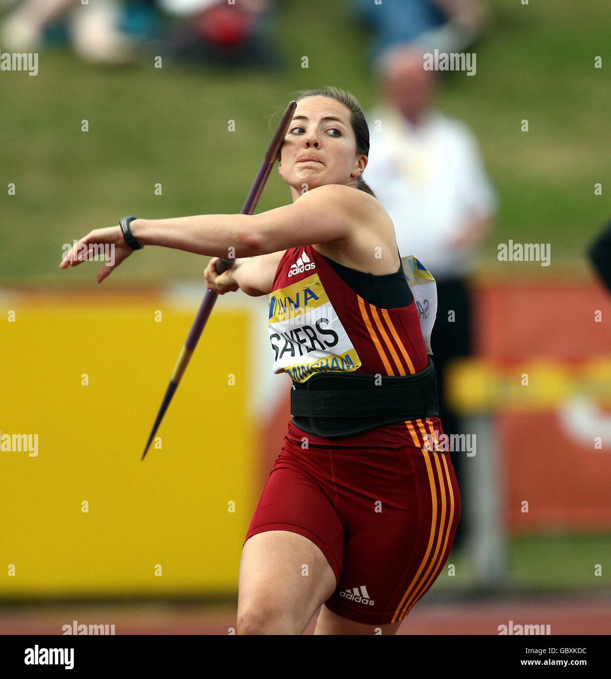 Goldie Sayers competes in the women's javelin during the Aviva World ...