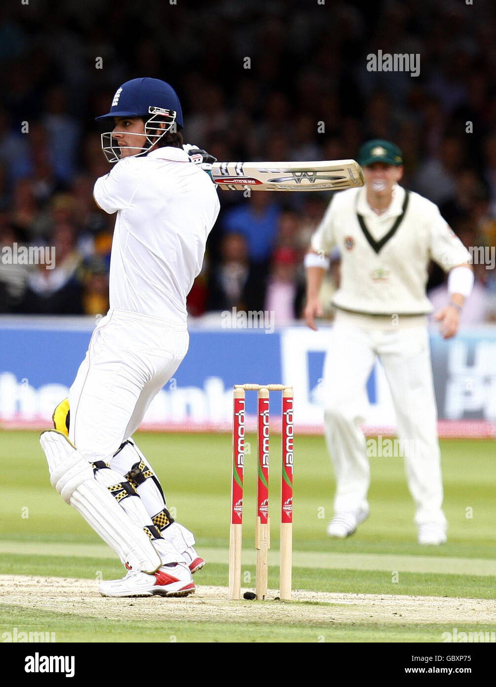 England's Alastair Cook hits out off Australia's Mitchell Johnson ...
