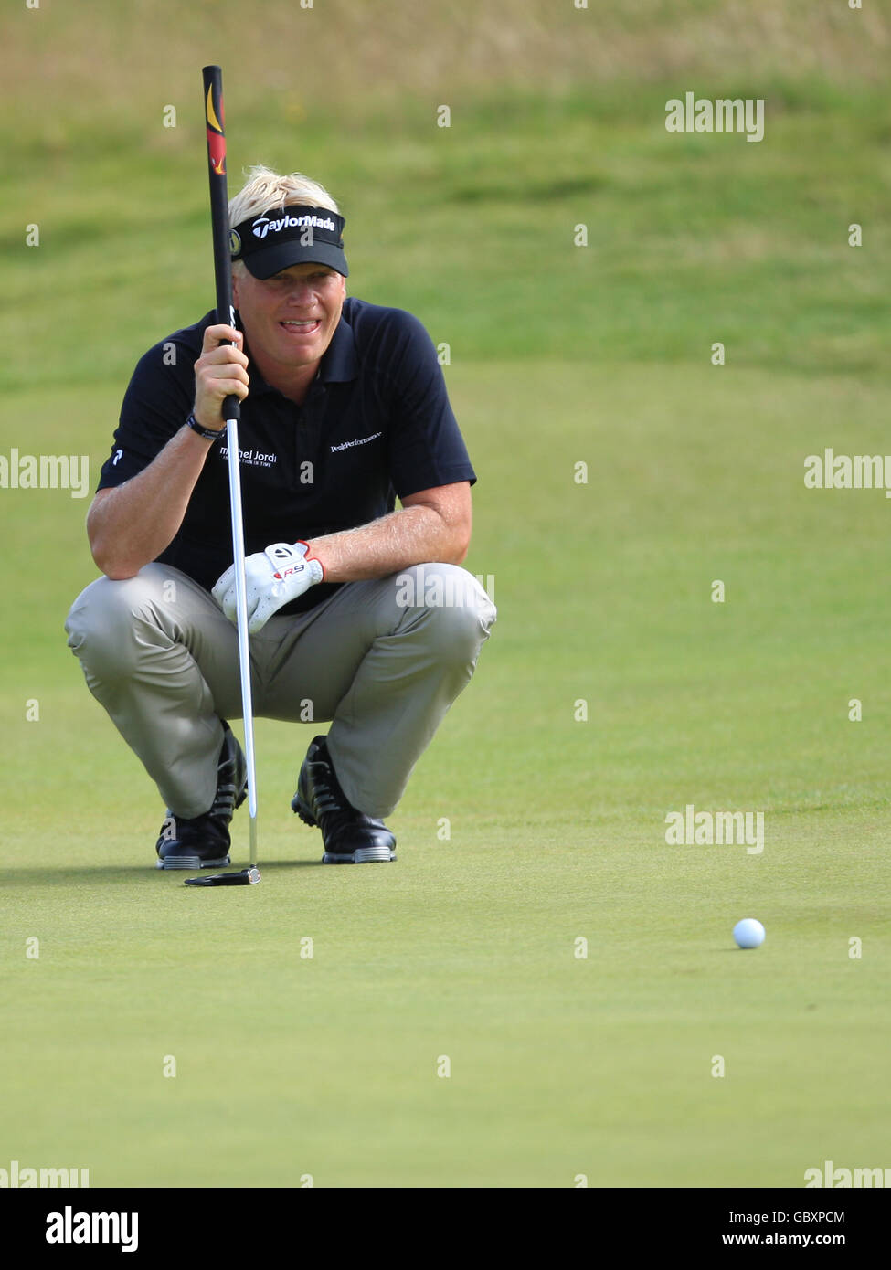 Sweden's Peter Hedblom lines up a putt during the third practice day at ...