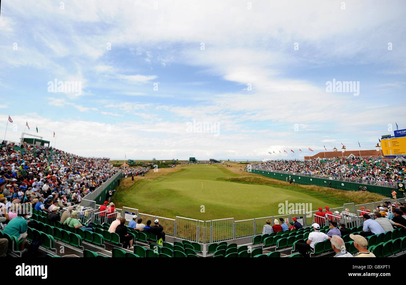 A view of the 17th green during the first day of the Open Championship ...