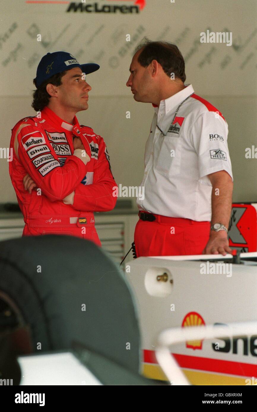 Ron dennis talks to ayrton senna in pits hi-res stock photography and ...