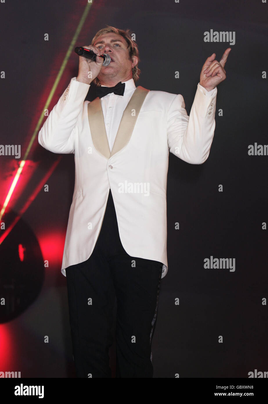 Lead singer of Duran Duran Simon Le Bon performing on the main stage ...