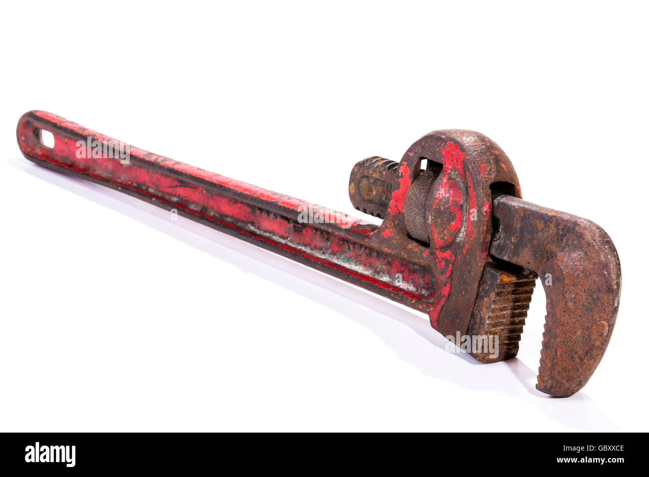 Studio shot left full front view of old neglected rusty well used red ...