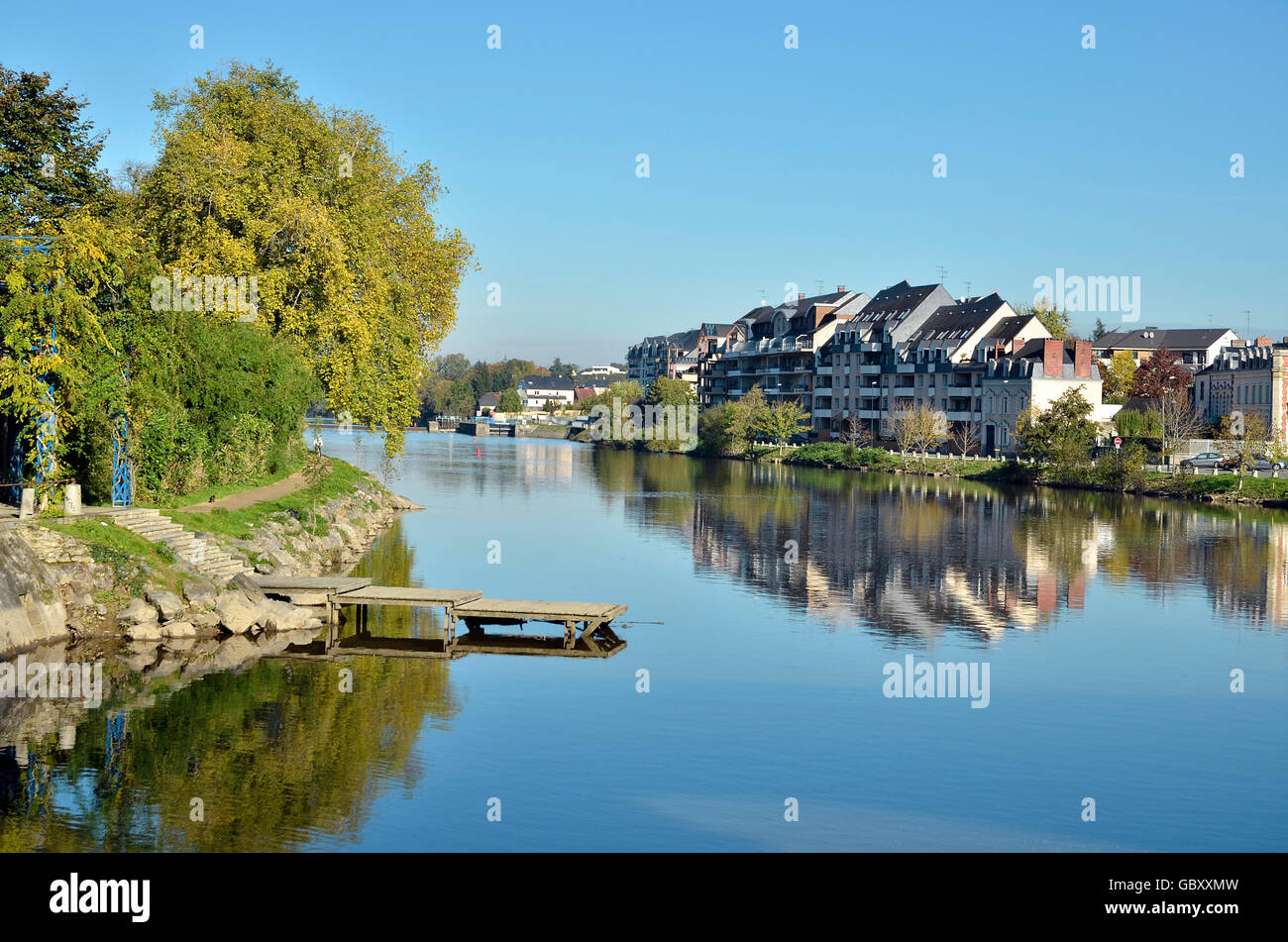 The river Mayenne at Laval, commune in the Mayenne department in north ...