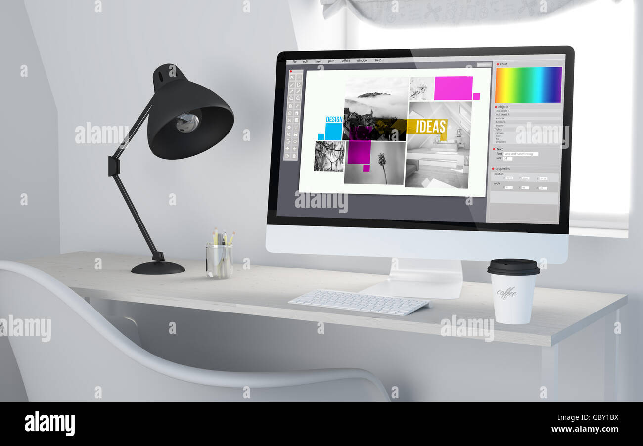 3d rendering of a desktop workplace with computer showing graphic ...