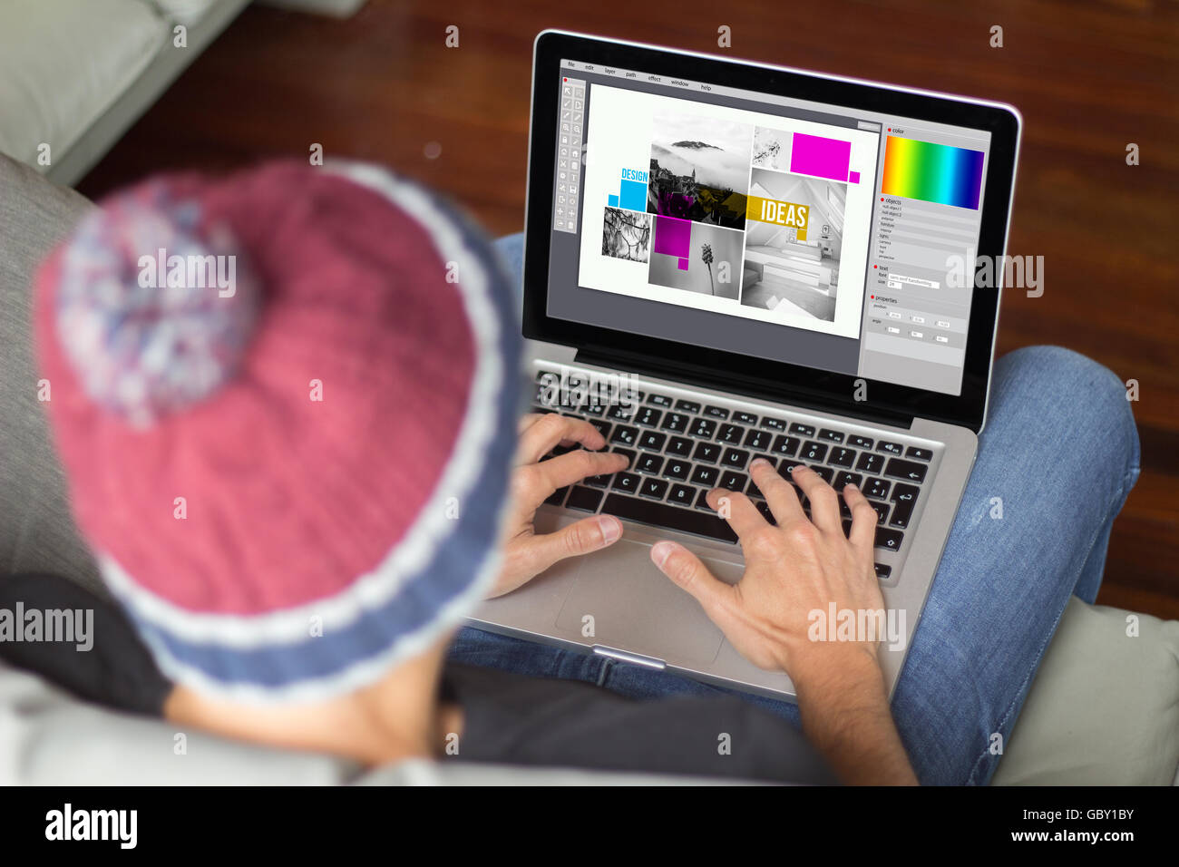 designer usin software design on laptop. All screen graphics are made ...
