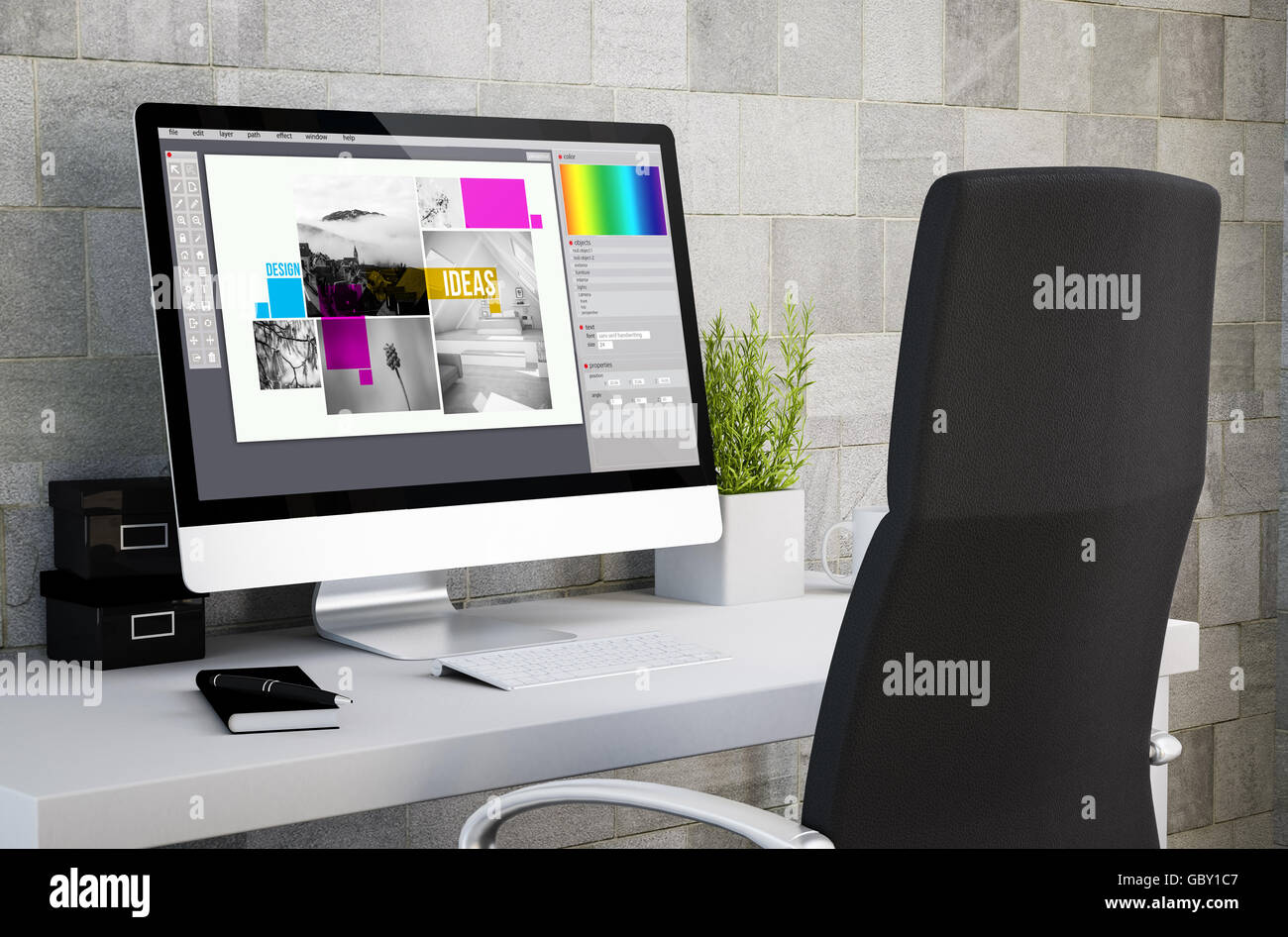 3d rendering of industrial workspace showing graphic design software on ...