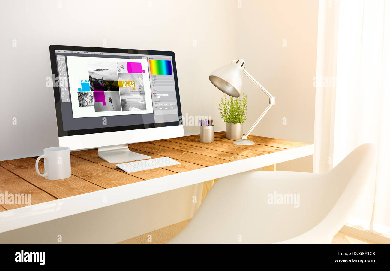 3d generated minimalist workspace with graphic design screen computer ...