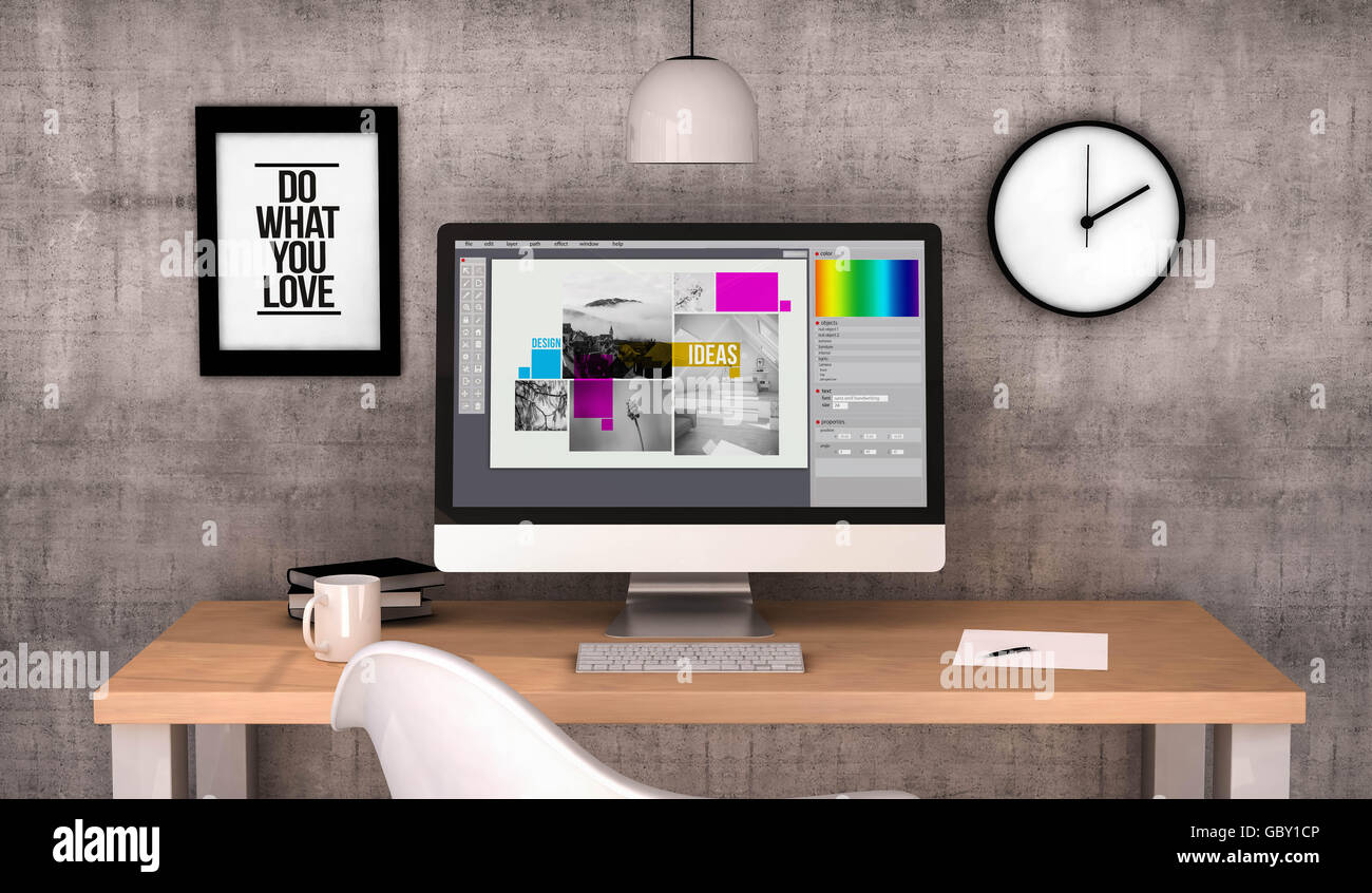 digital generated workspace desktop with graphic design software on screen computer. All screen ...