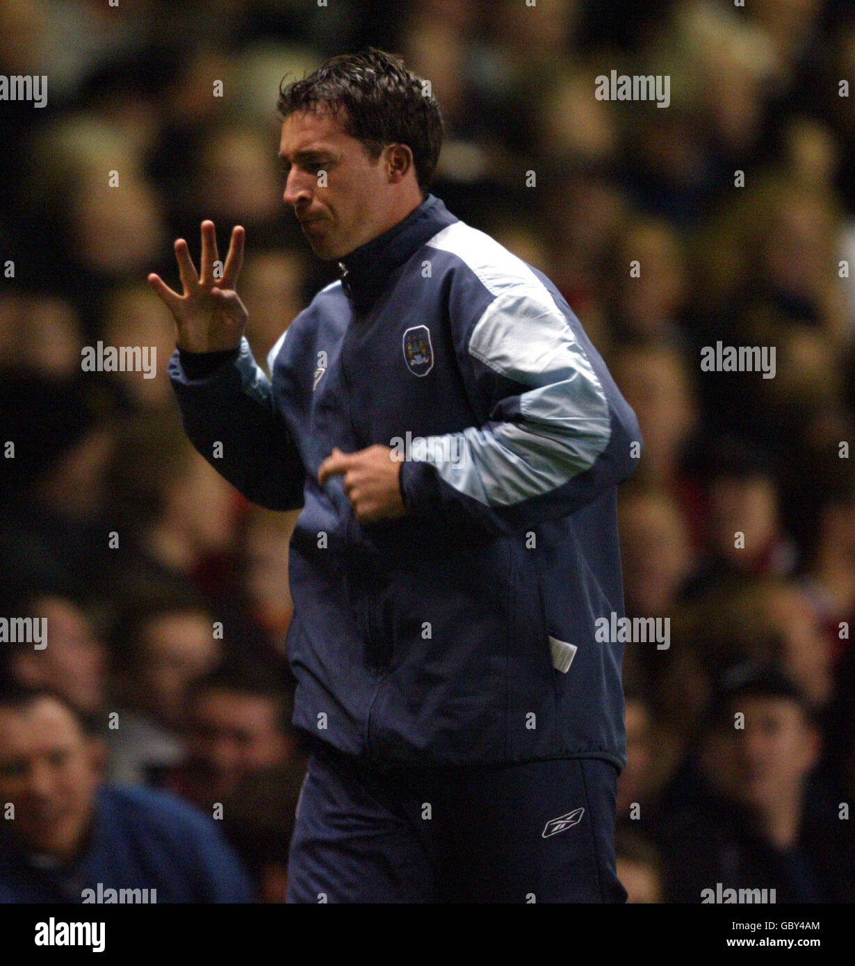 Manchester citys robbie fowler gestures at the crowd hi-res stock ...