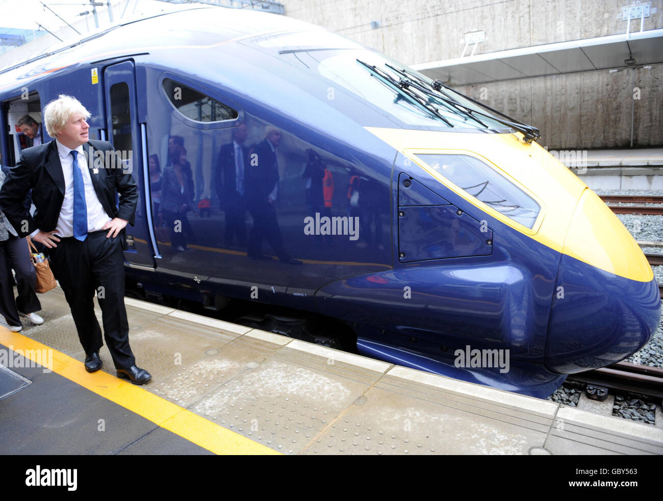 London Mayor Boris Johnson arrives on the high speed Javelin train at ...