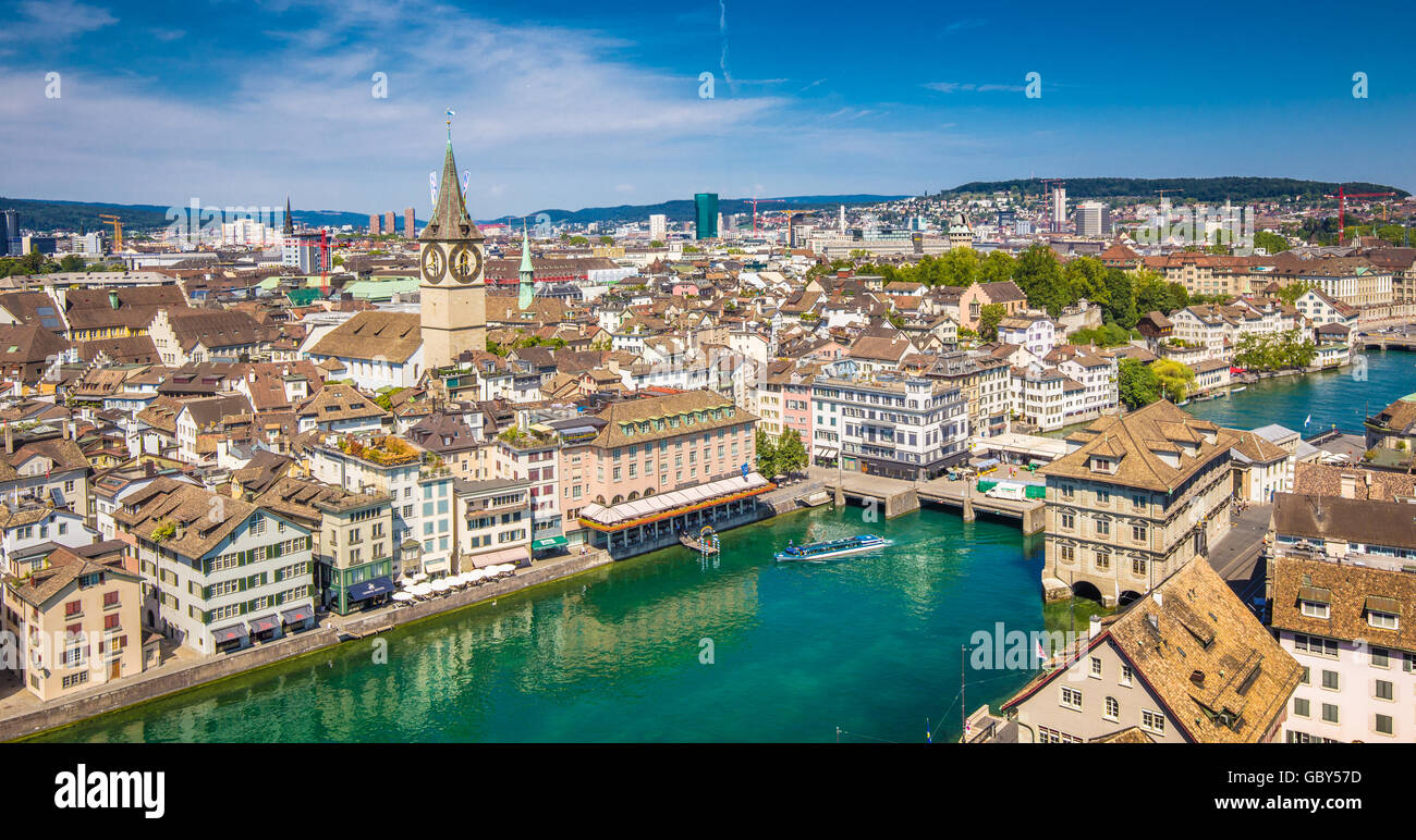 Aerial view of Zurich city center with famous St. Peter Church and ...