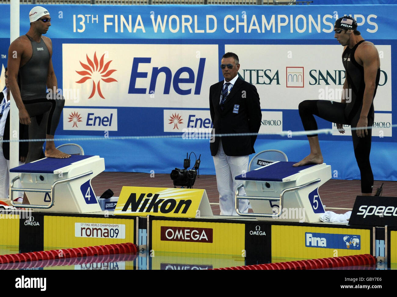 USA's Michael Phelps (right) and Serbia's Miloead Cavic before the ...