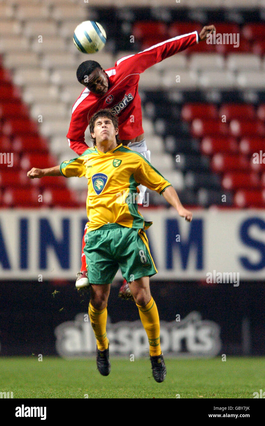 Charlton Athletic's Otis Cofa outjumps Norwich City's Danny Crow Stock ...