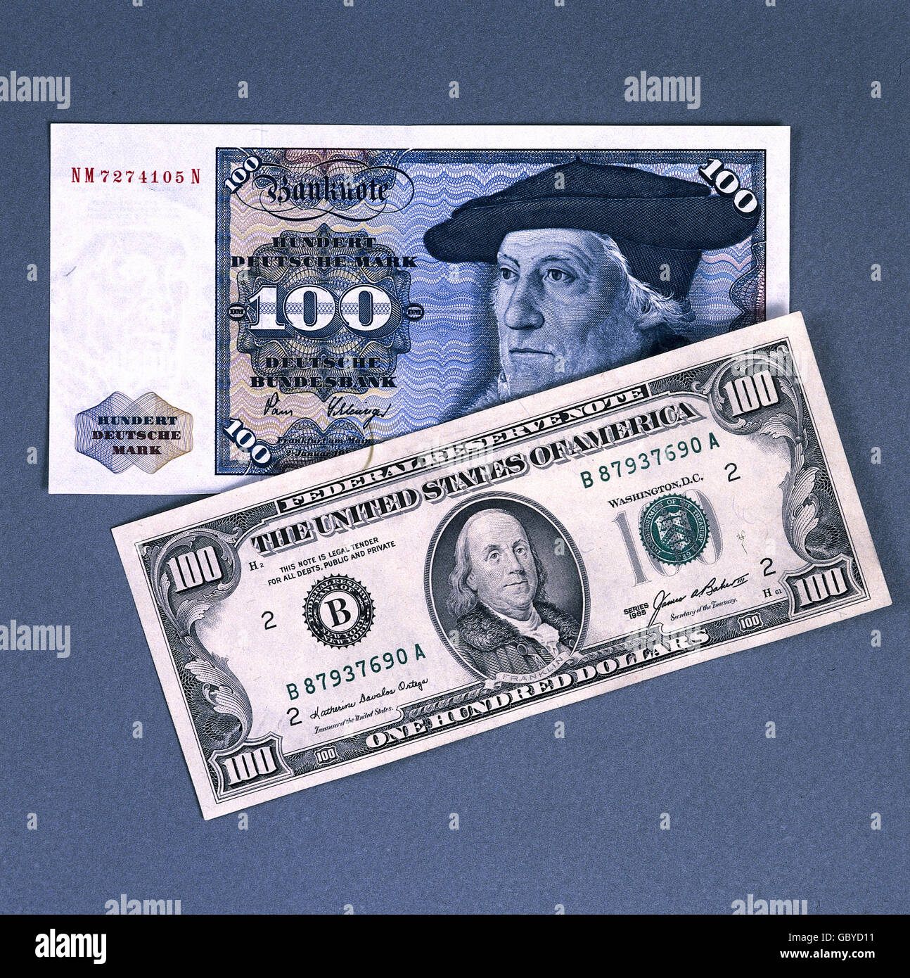 money / finance, bank notes, 100 DM and 100 dollar, 1960s - 1980s ...