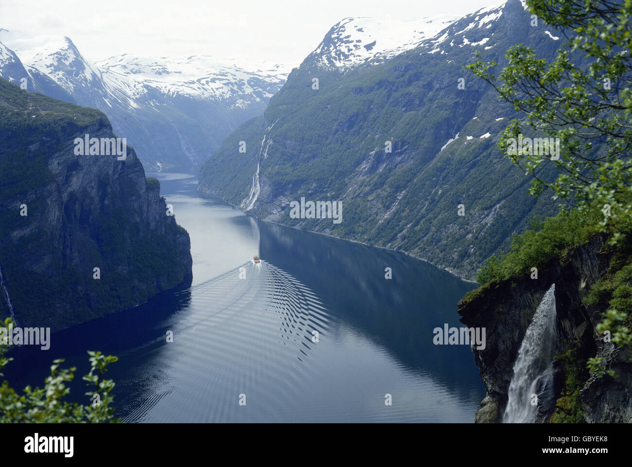 geography / travel, Norway, Geiranger Fjord, hiker on rock spur, 1981 ...
