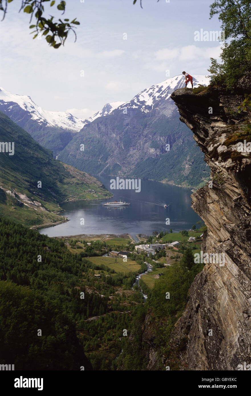 geography / travel, Norway, Geiranger Fjord, hiker on rock spur, 1981 ...