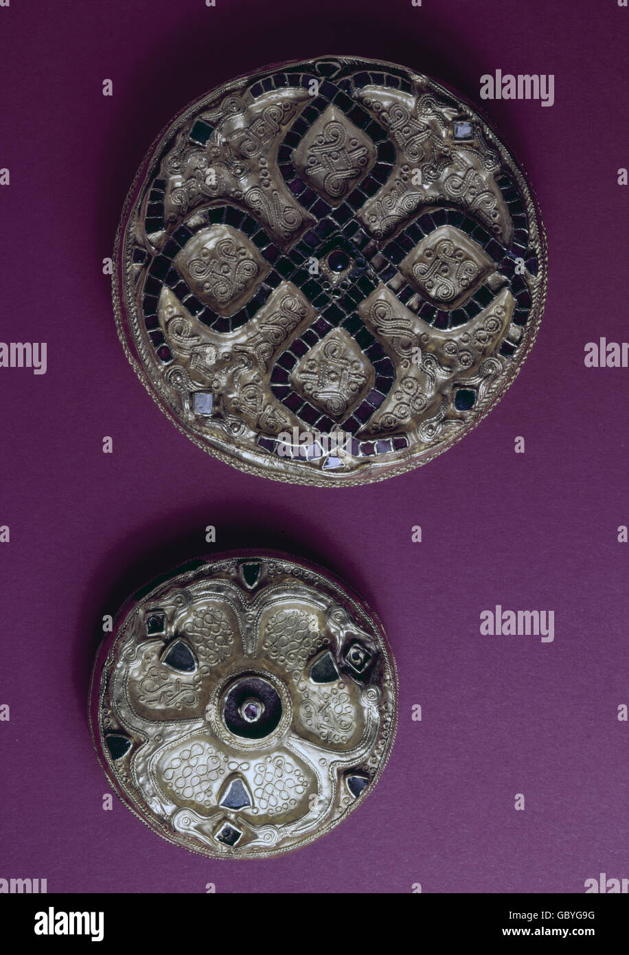 fine arts, era, Middle Ages, Frankish, two Merovingian disc brooch, 7th ...
