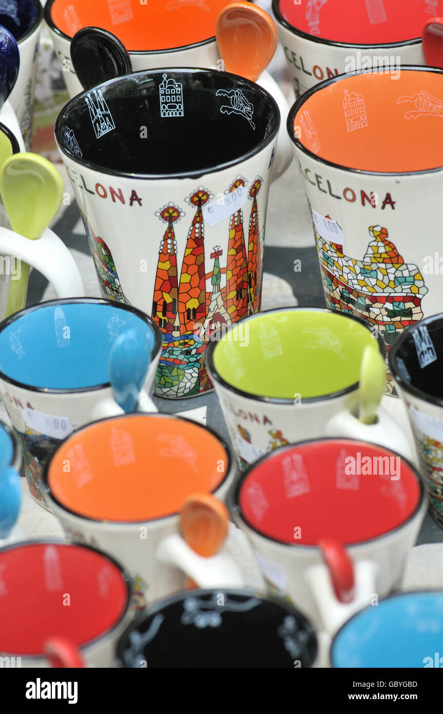 Souvenir cups. La Rambla. Barcelona. Catalonia, Spain Stock Photo - Alamy