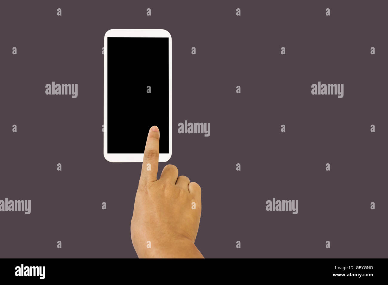 Isolated hand with finger press on big blank screen smartphone or ...