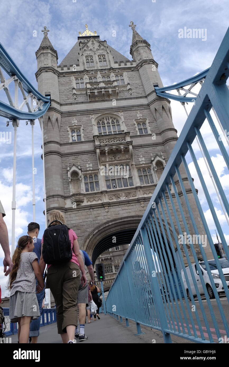 Tourist walk along the walkway on Tower Bridge a London landmark in the ...