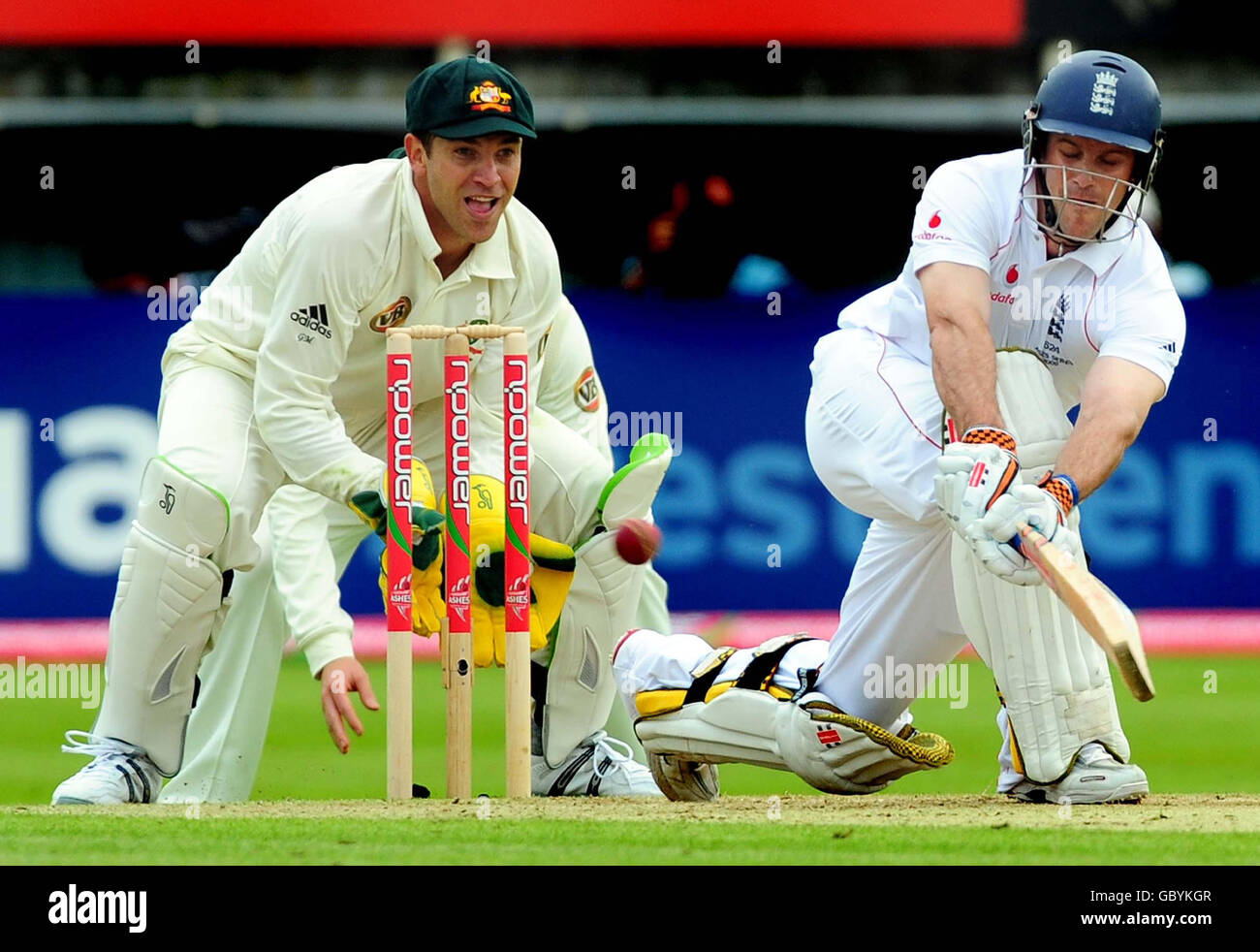 England's Andrew Strauss and Australia's Graham Manou during the third ...