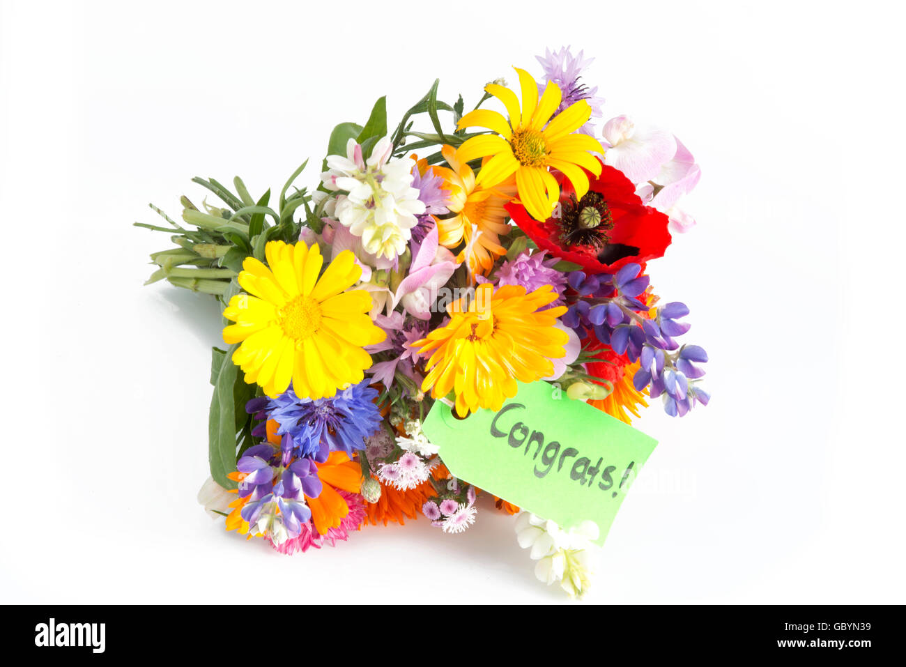 summer flower bouquet with tag isolated on white background Stock Photo ...