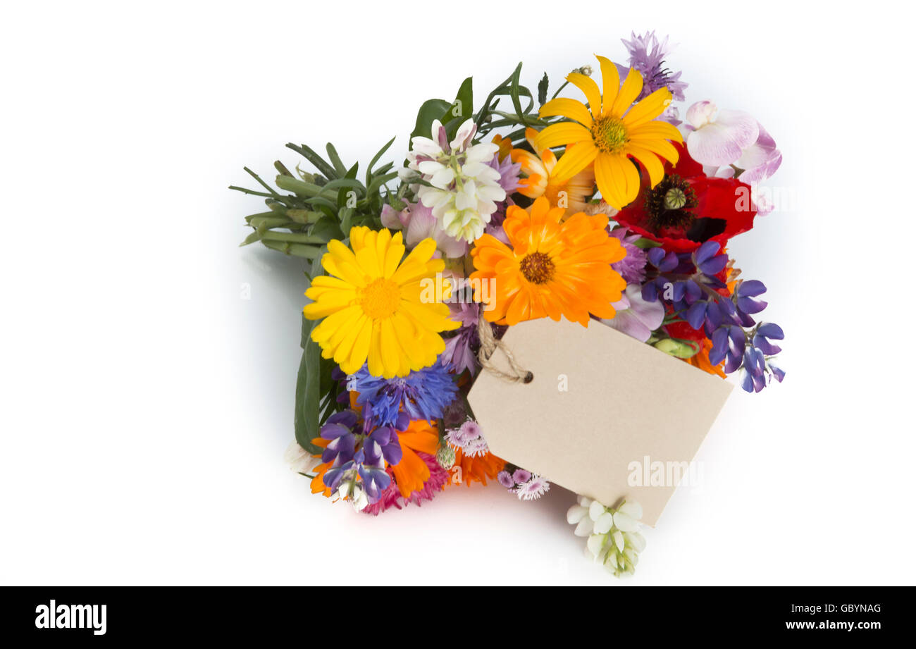 summer flower bouquet with tag islolated on white background Stock ...